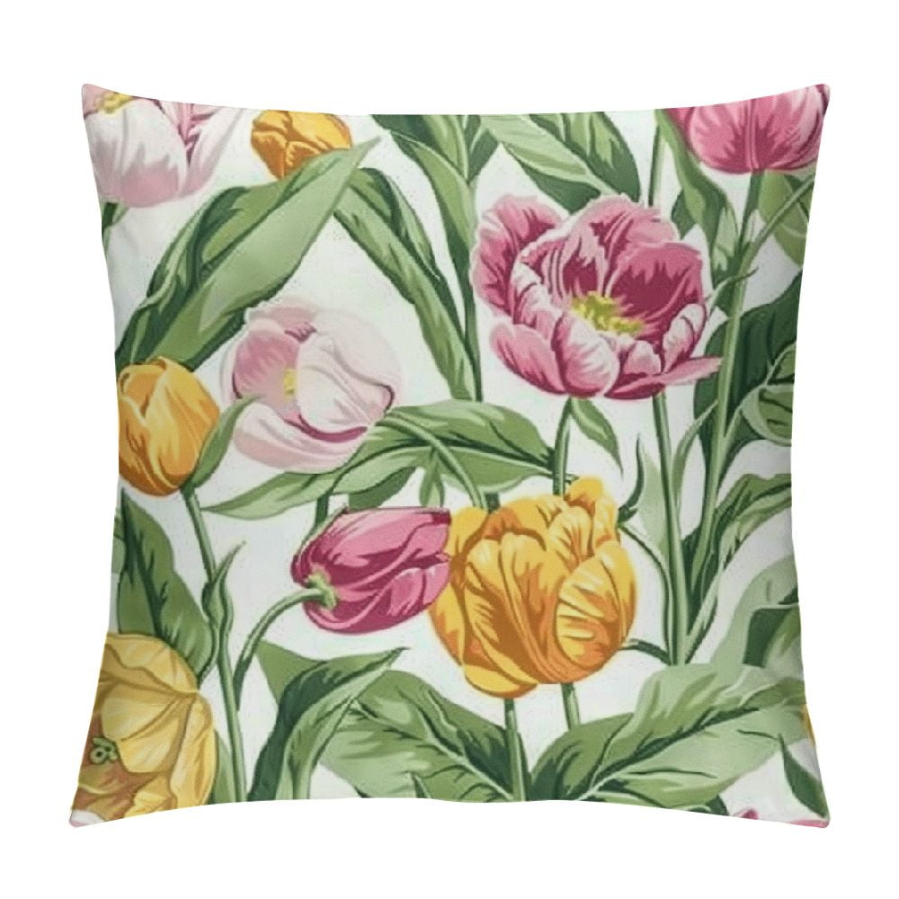 QZHH Spring Tulips Lumbar Pillow Cover Farmhouse Floral Bloom Throw ...