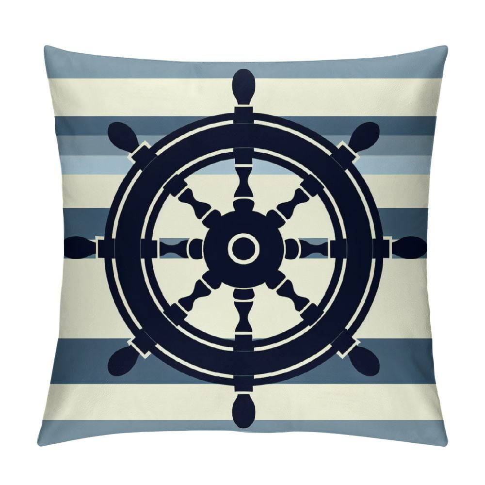 YANMS Square Nautical Navy Blue Ship's Steering Wheel On Stripes Throw ...