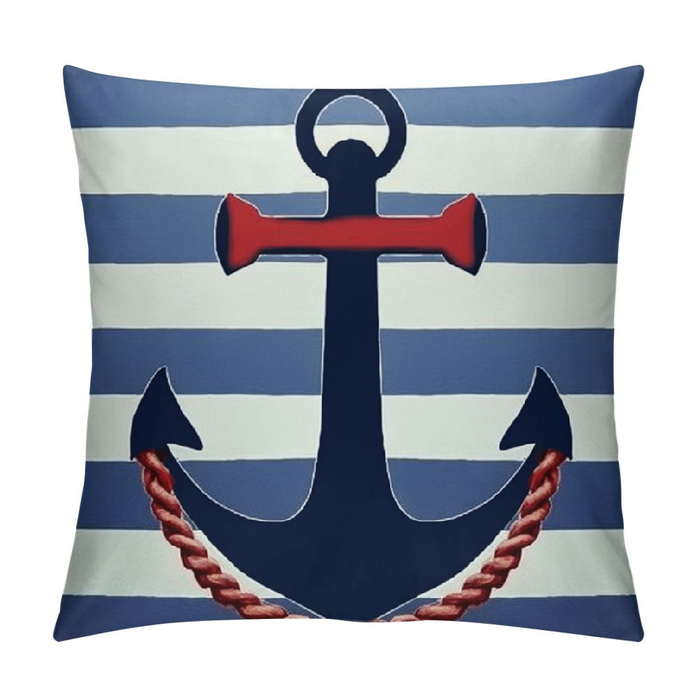 YANMS Square Nautical Red Anchor On Navy Blue Stripes Throw Pillow ...