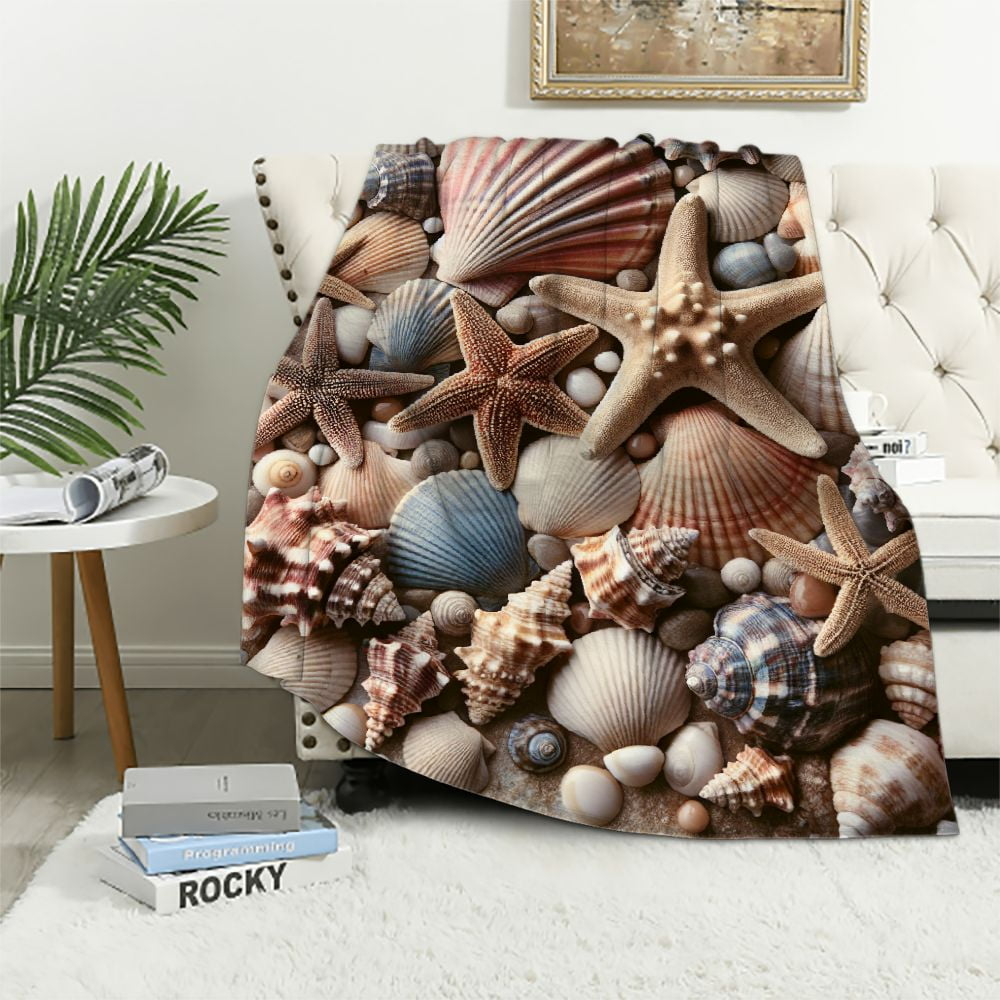 COMIO Starfish Seashell Sherpa Blanket,Conch Sea Shell Blanket Coastal ...