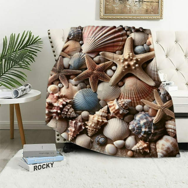 COMIO Starfish Seashell Sherpa Blanket,Conch Sea Shell Blanket Coastal ...