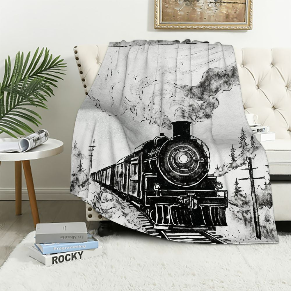 COMIO Steam Engine Throw Blanket, Black and White Old Train on Railroad ...
