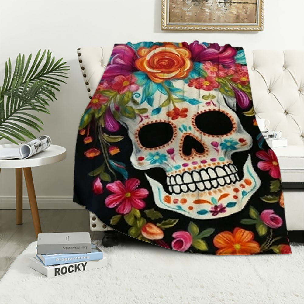 COMIO Sugar Skull Throw Blanket,Colorful Vintage Floral Blankets Hippie ...