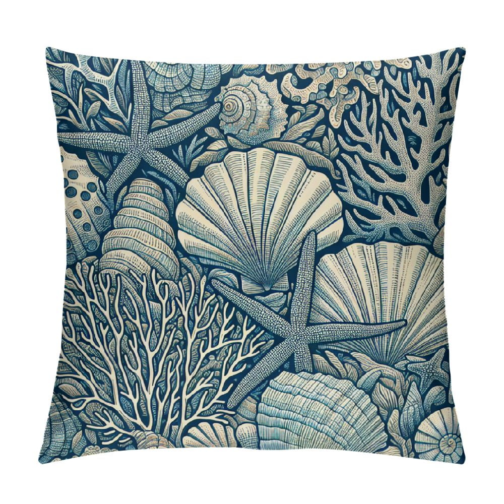 QZHH Summer Beach Throw Pillow Covers Blue Ocean Sea Shell Coral Conch ...