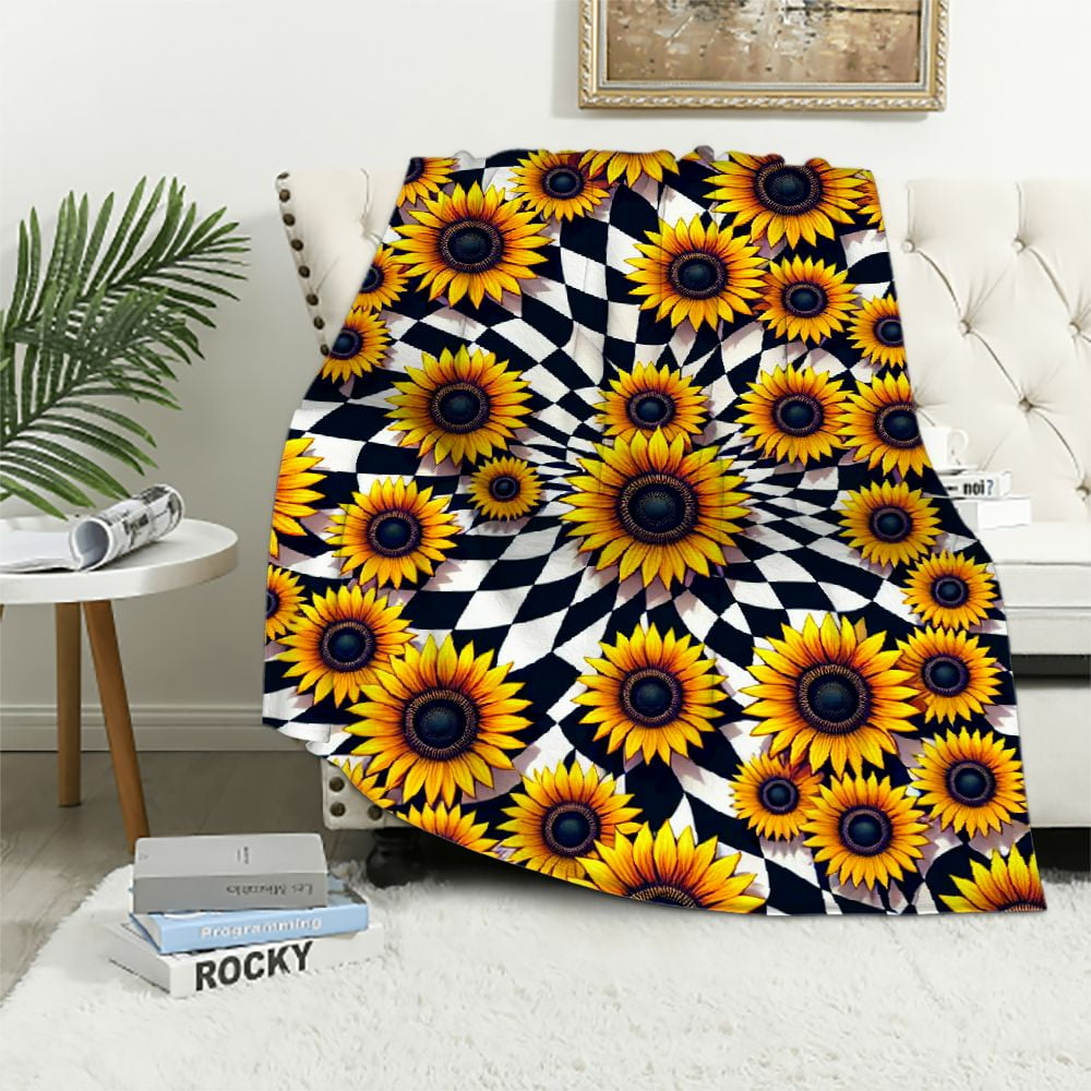 COMIO Sunflower Blanket Farmhouse Flower Black White Buffalo Plaid ...