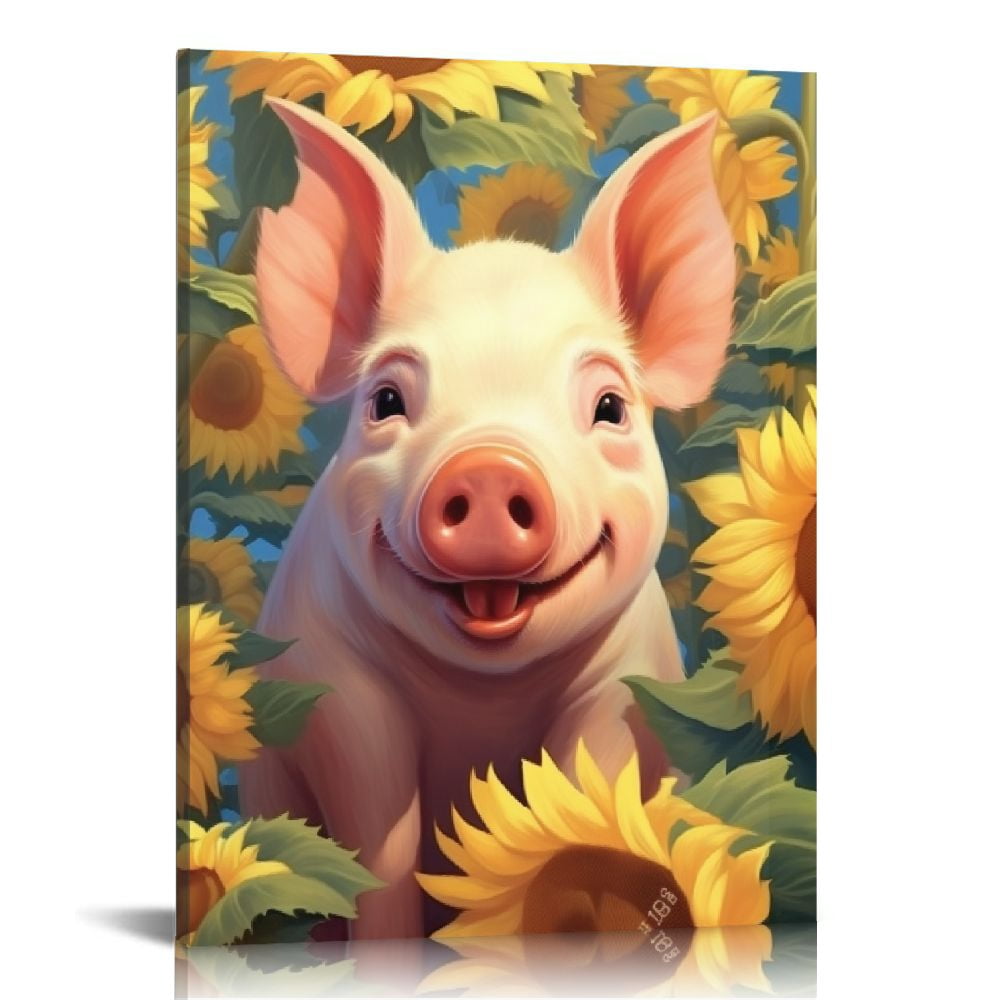 COMIO Sunflower With Pink Pig Wall Art Canvas Rustic Farmhouse Prints ...