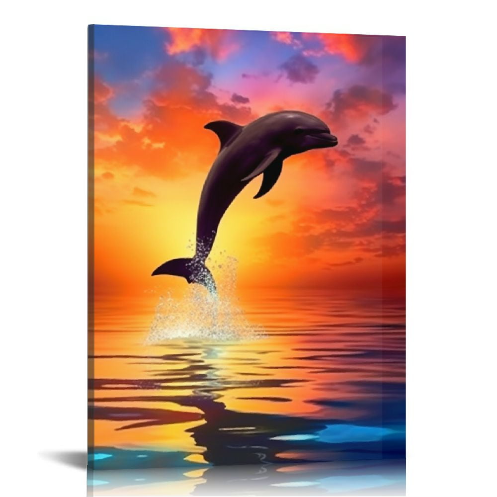 COMIO Sunset Canvas Wall Art Dolphin Wall Art Framed Dolphin Canvas ...