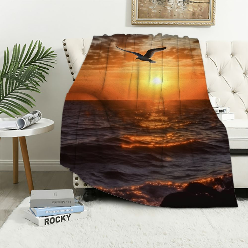 COMIO Super Soft Cozy Throw Blanket Beach Sunset Seagull Fuzzy Blanket ...