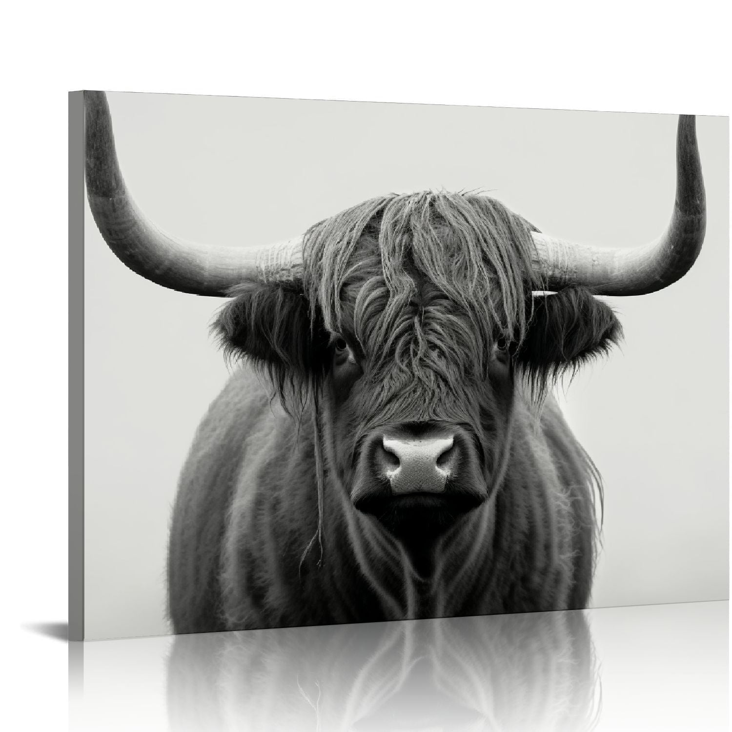 COMIO Sylvie B&W Highland Cow Portrait Framed Canvas Wall Art, Rustic ...