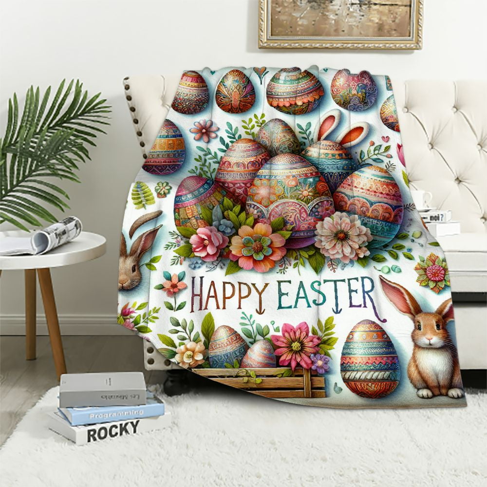 COMIO Teal Easter Bunny Throw Blanket Rabbit Gnome Eggs Spring Flowers ...
