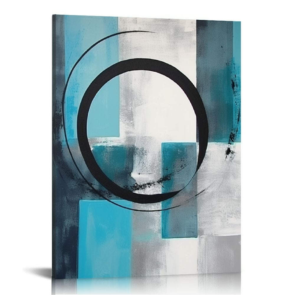 COMIO Teal and Grey Abstract Geometric Circle Canvas Wall Art Rustic ...