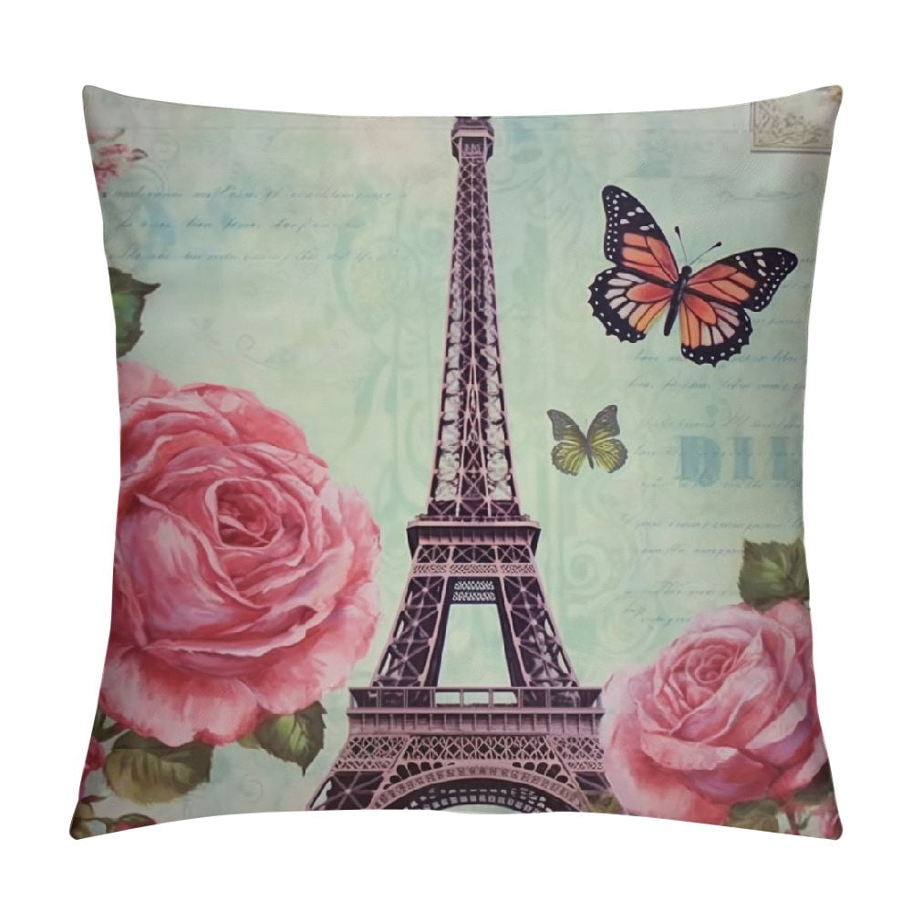 COMIO Throw Pillow Cover Eiffel Tower Vintage French Postcard Love ...