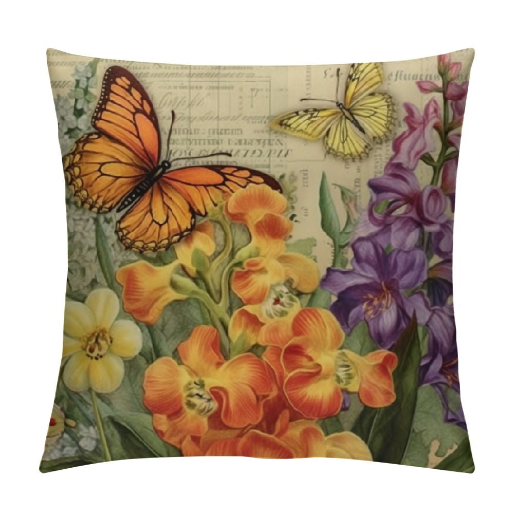 MLJA Throw Pillow Cover Flower with Vintage Butterfly Stamp Letter ...