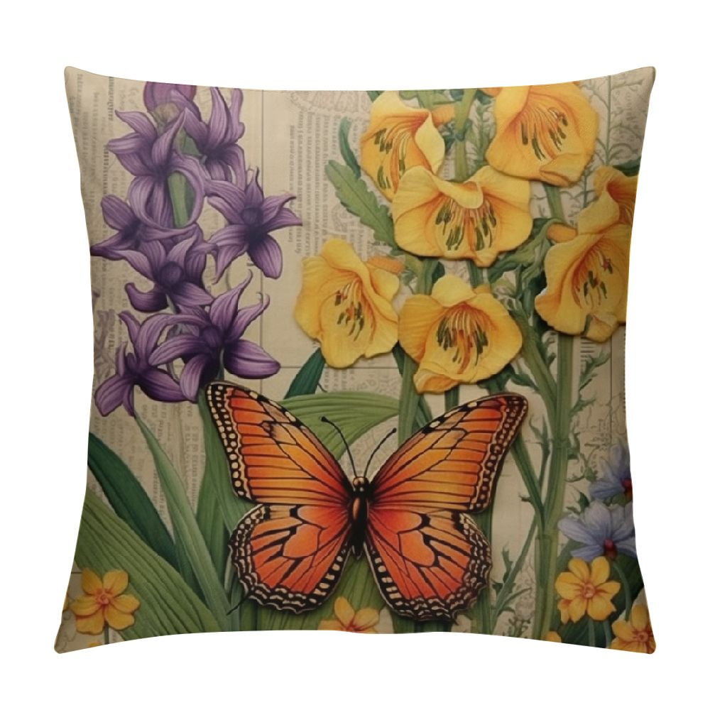 COMIO Throw Pillow Cover Freesia Flower with Vintage Butterfly Stamp ...