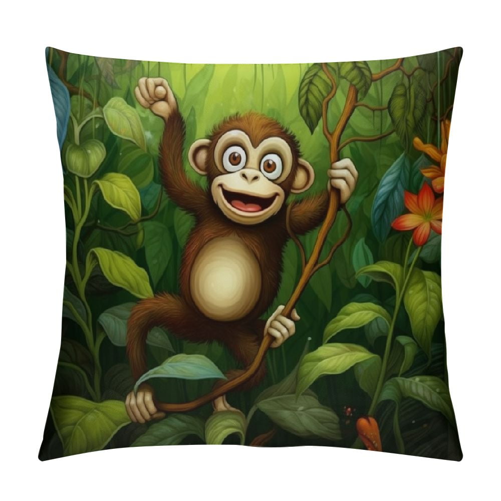 COMIO Throw Pillow Cover Funny Cute Monkey Hanging on Forest Vine Home ...