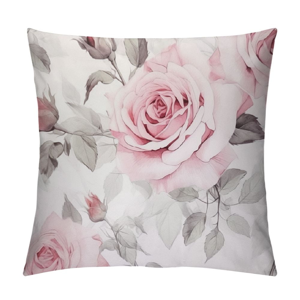 COMIO Throw Pillow Cover Gray Abstract with Pink Flowers and Leaves on ...