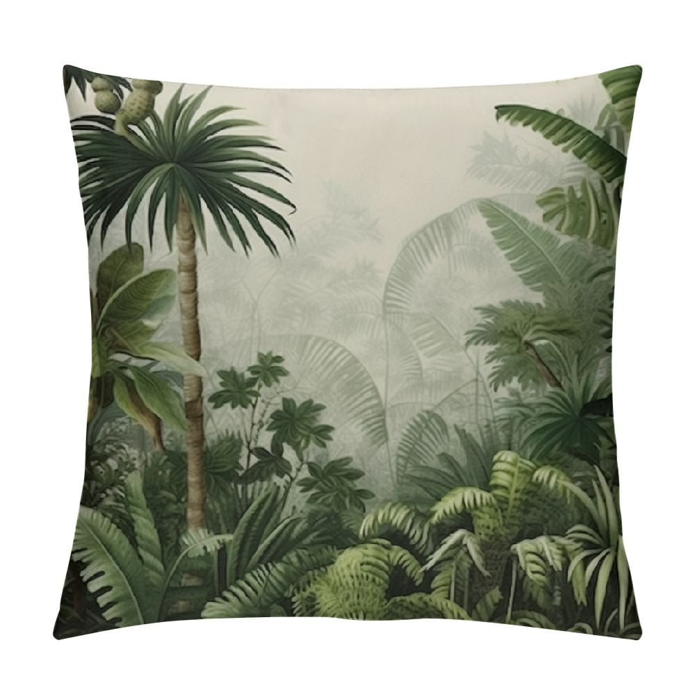 Comio Throw Pillow Cover Green Tropical Palm And Banana Tree Watercolor