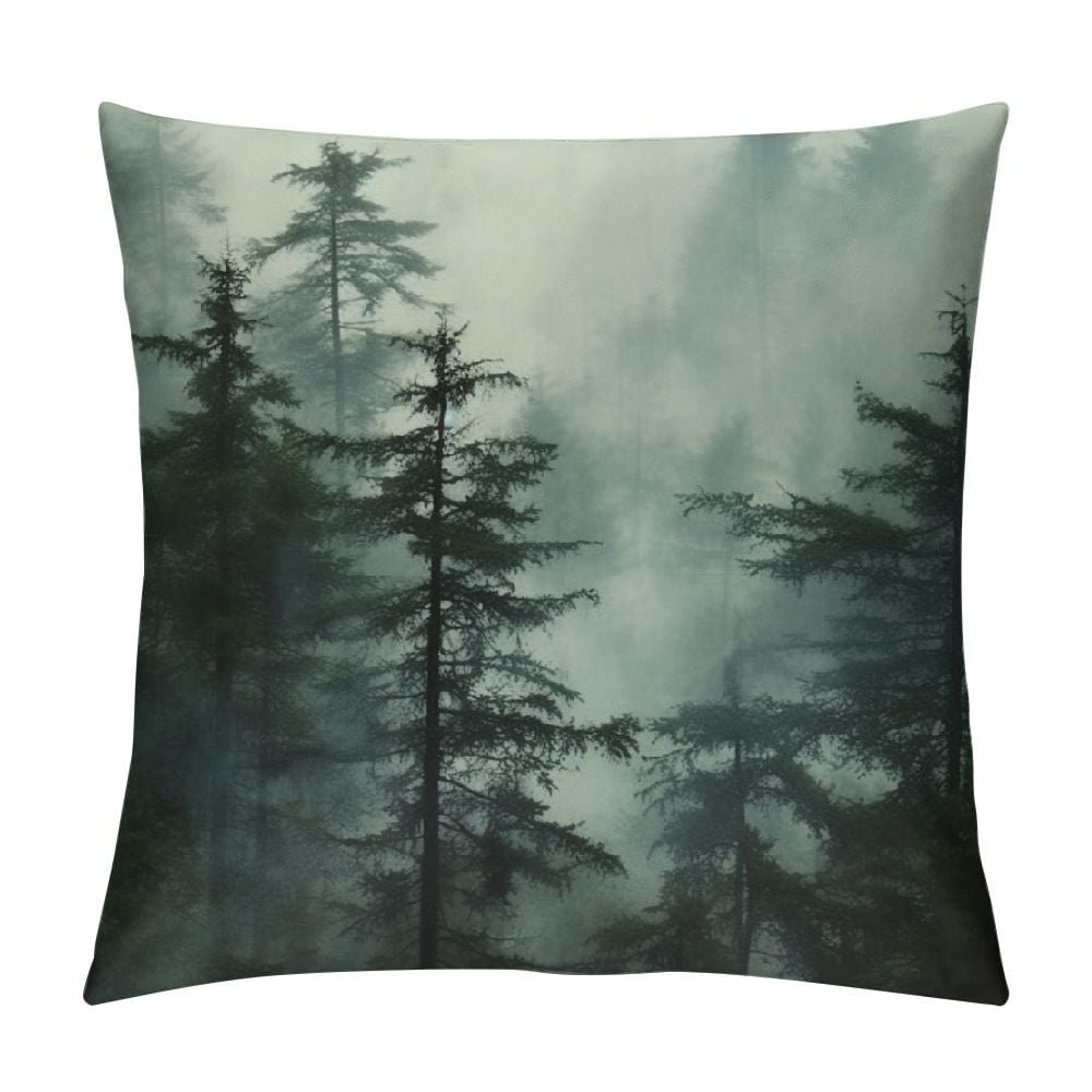 COMIO Throw Pillow Cover Misty Forest, Pillow Cover Nature Pine Trees ...
