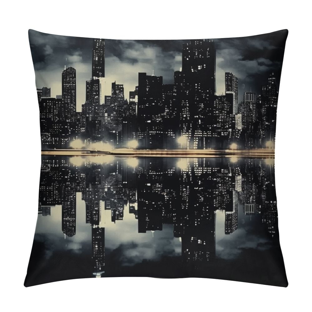 COMIO Throw Pillow Cover New York Night City Landscape Rise Building ...