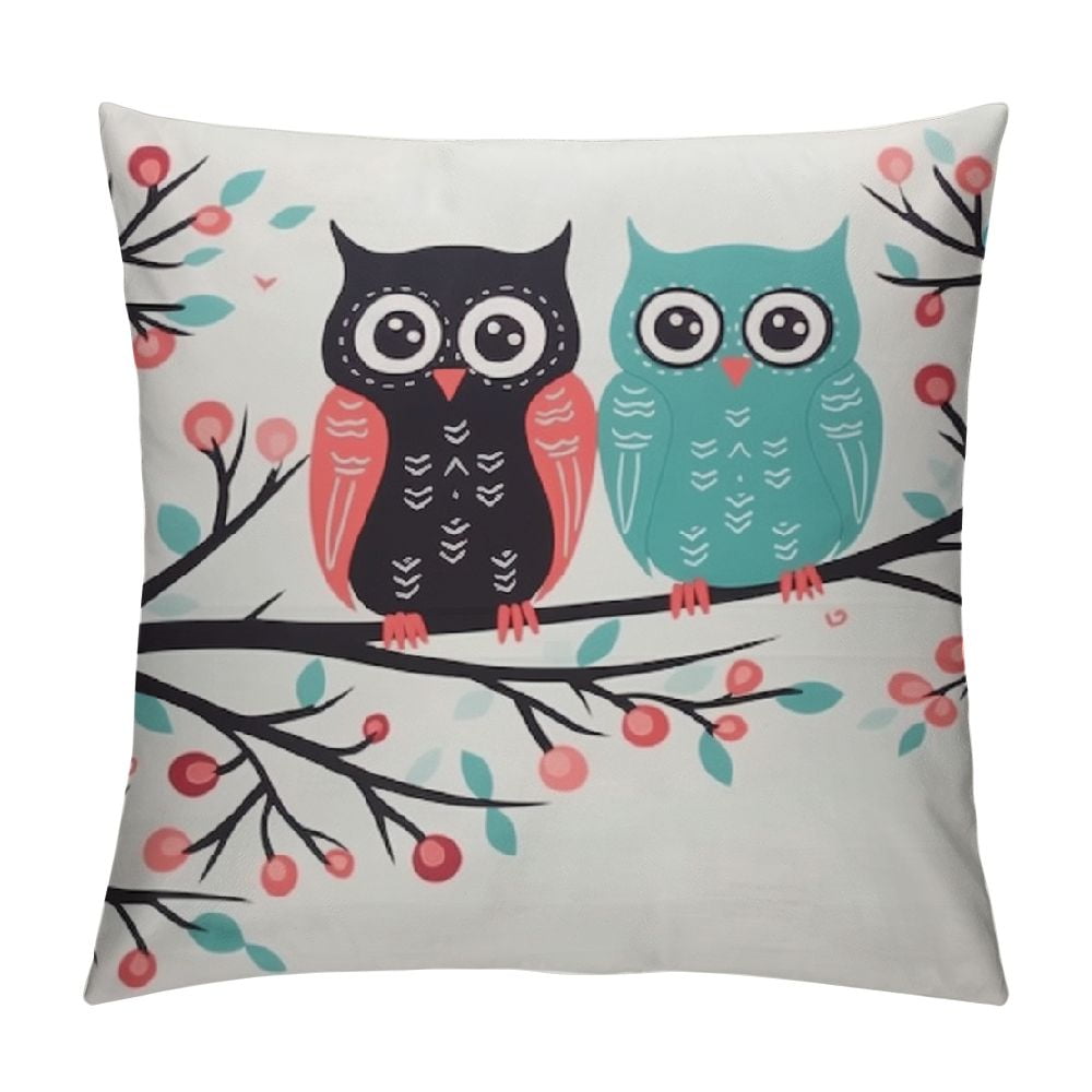 COMIO Throw Pillow Cover Owl Animal Cute Owls On Branch Tree Love Heart Abstract Art Flowers ...