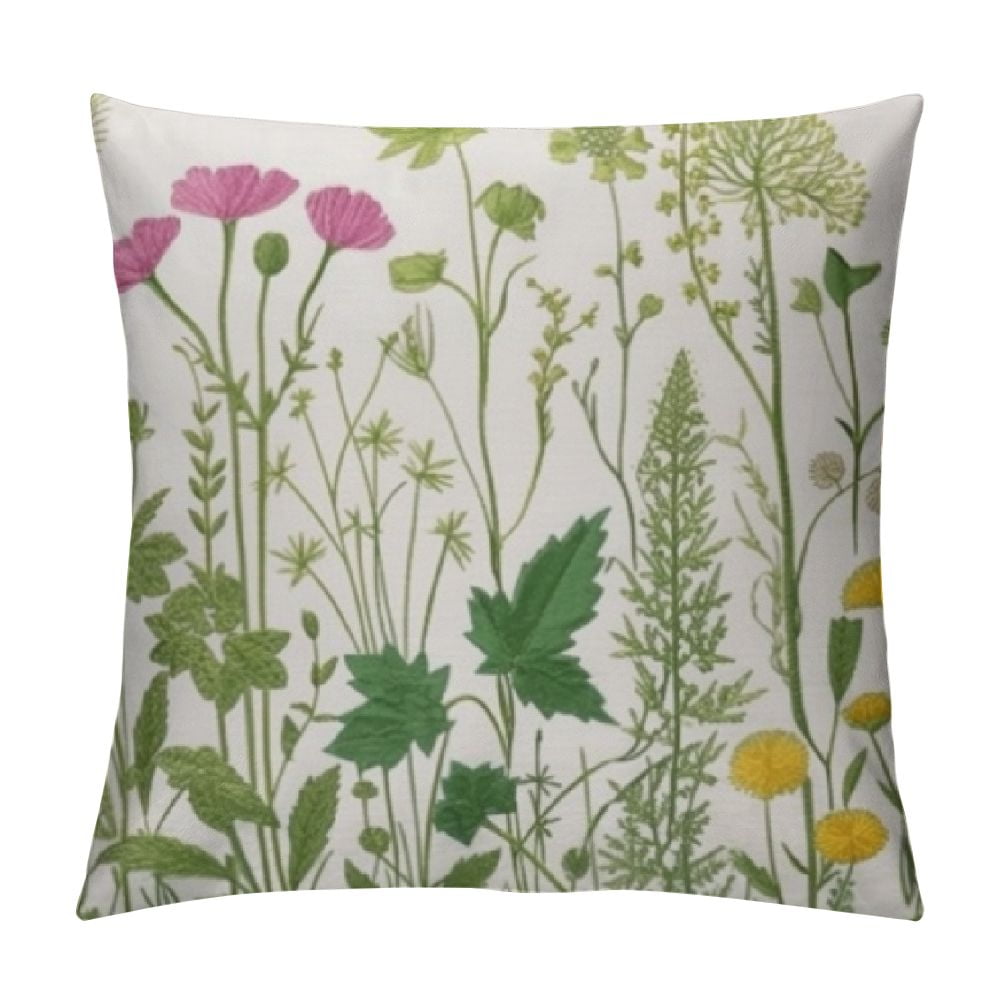 COMIO Throw Pillow Cover Vintage Floral Border Herbs and Wild Flowers ...
