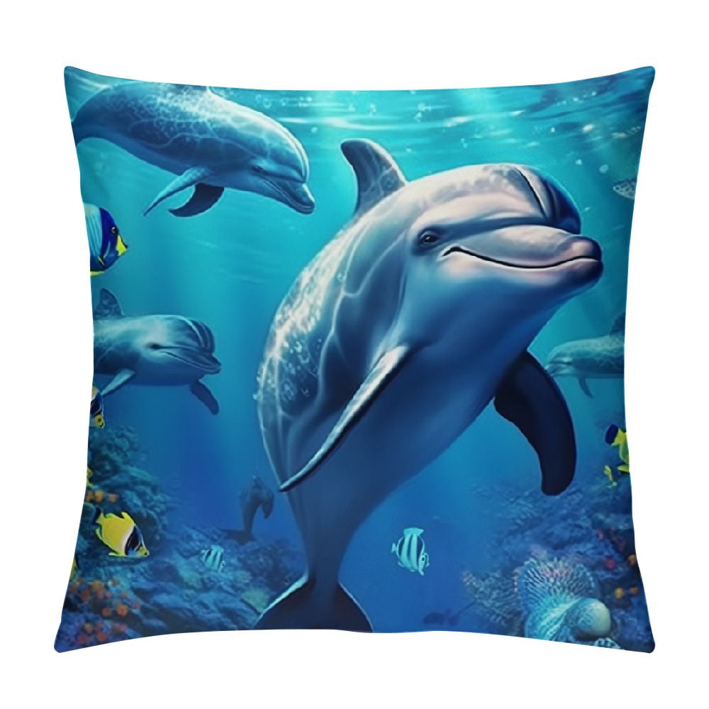 COMIO Throw Pillow Covers Blue Cheerful Dolphins and Tropical Fish ...