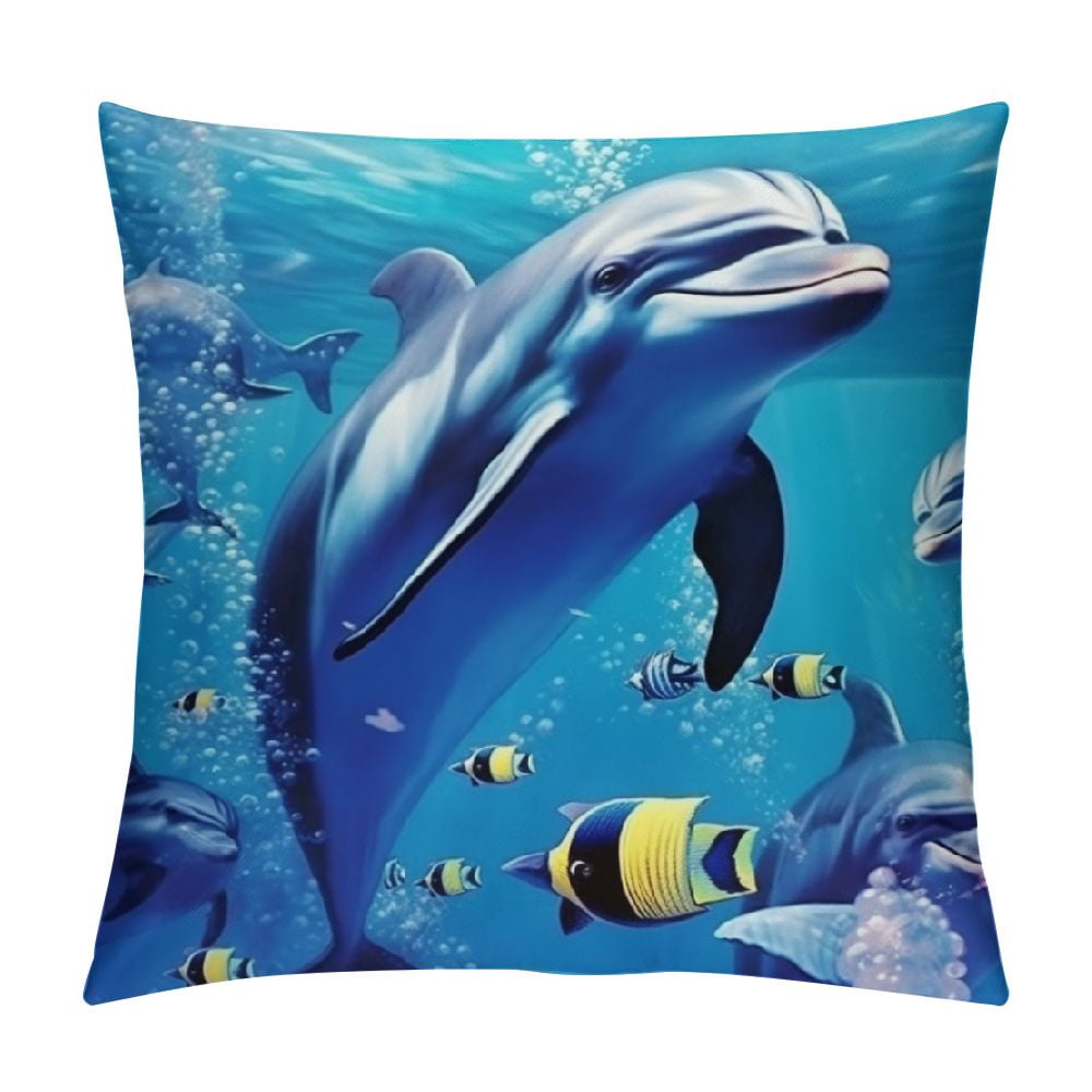 COMIO Throw Pillow Covers Blue Cheerful Dolphins and Tropical Fish ...