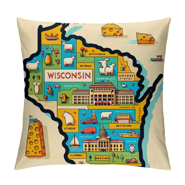 YANMS Throw Pillow Covers Map Wisconsin USA Travel Cow Cartoon Landmark ...