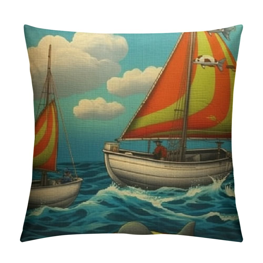 COMIO Throw Pillow Covers Sea Navy Kids Sailboat Run Dolphin Speed Boat ...