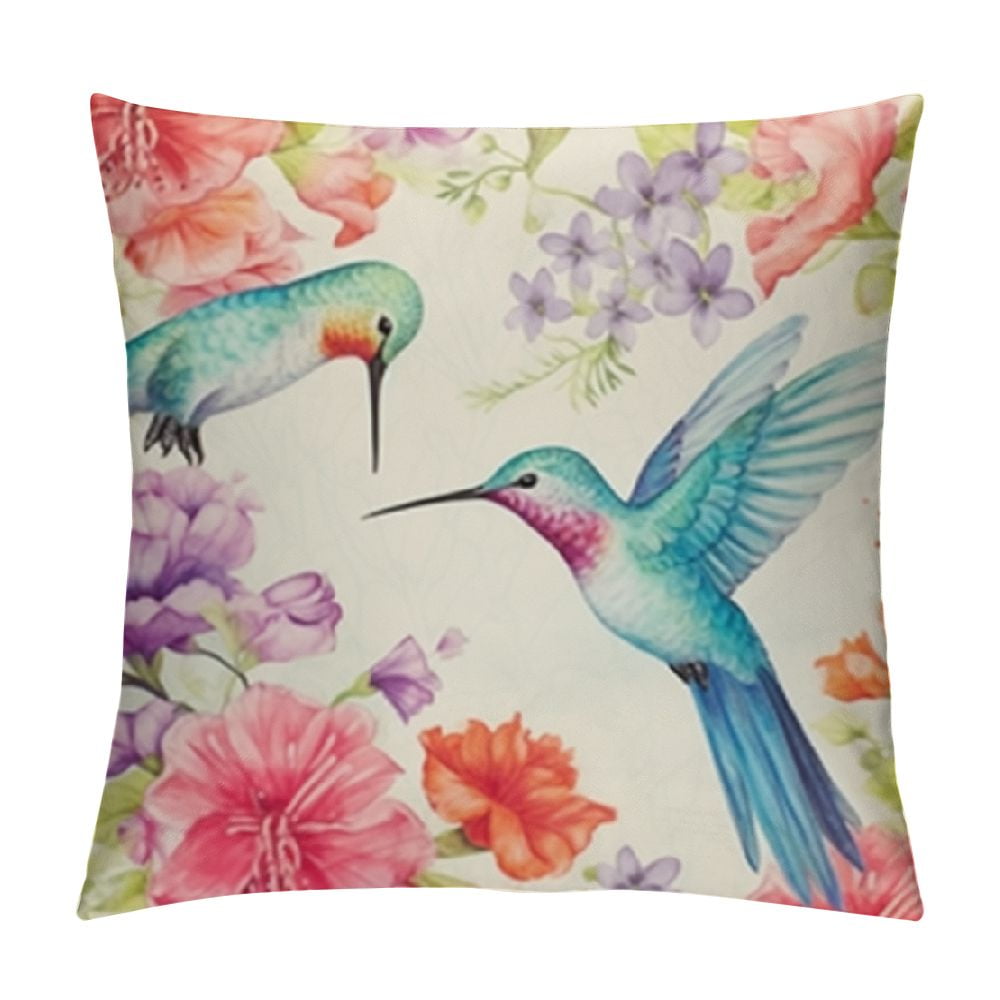 Comio Throw Pillow Covers Watercolor Hummingbird With Floral Flower