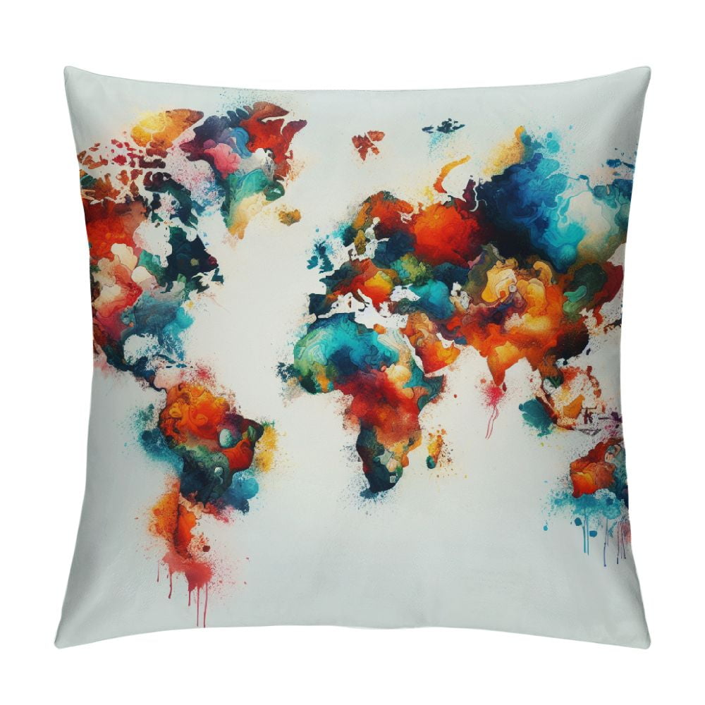 COMIO Throw Pillow Covers Watercolor World Map Colorful Painting ...