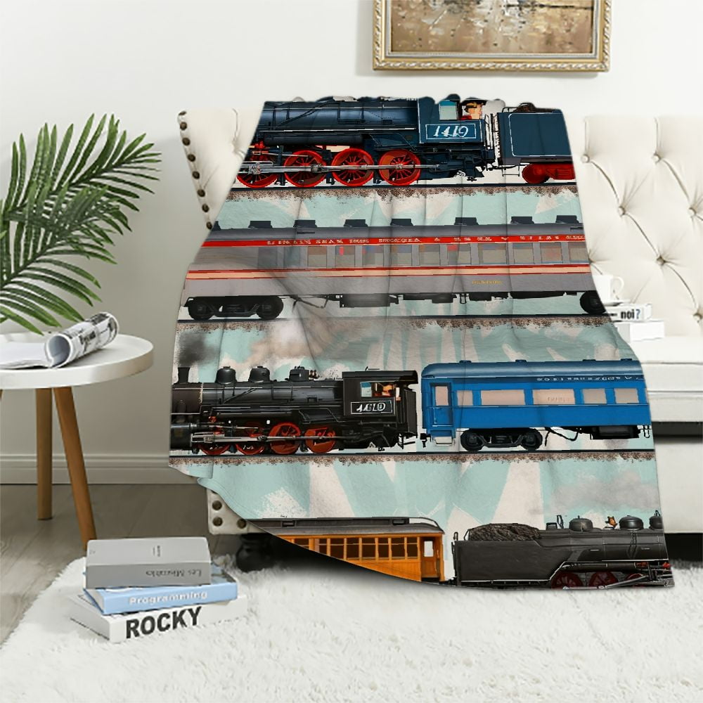 COMIO Train Flannel Blanket Throw for Couch,Bed The Evolution of Trains from Ancient Times to ...