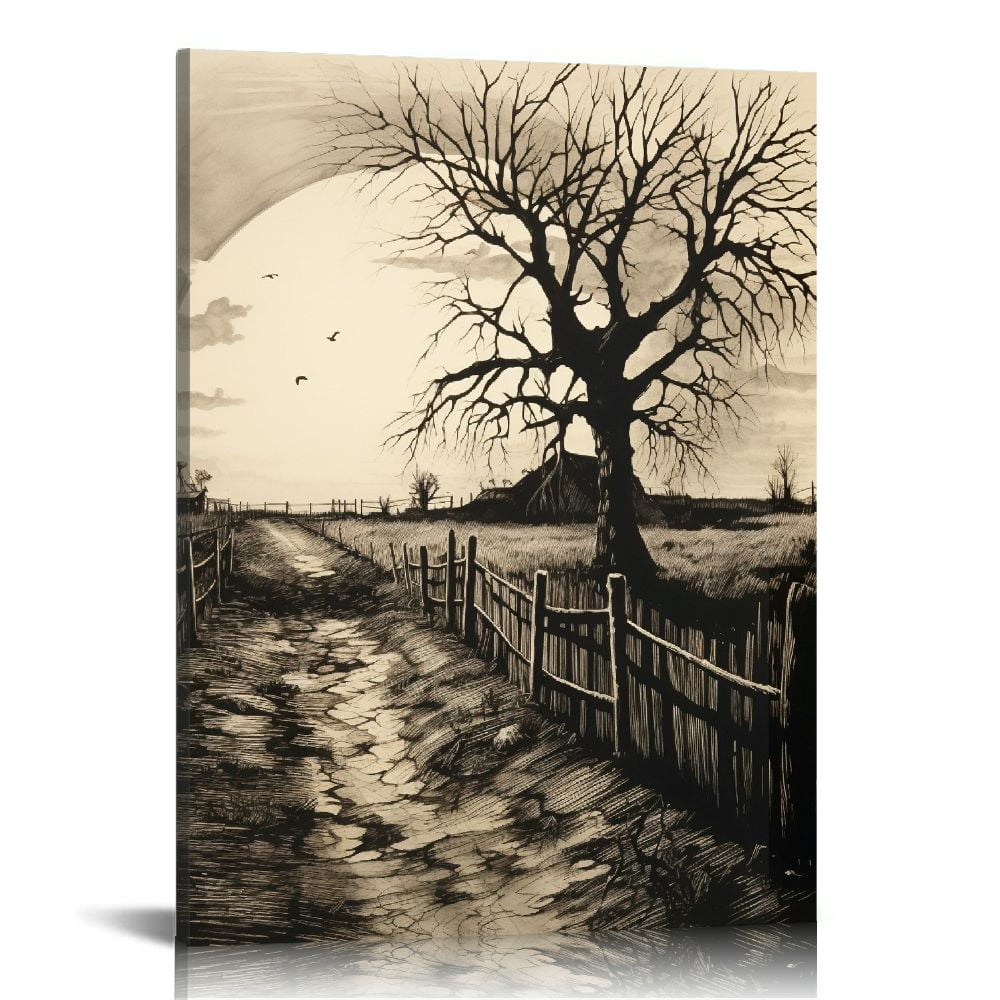 COMIO Tree Canvas Wall Art Decor Abstract White Brich Tree on Rustic ...