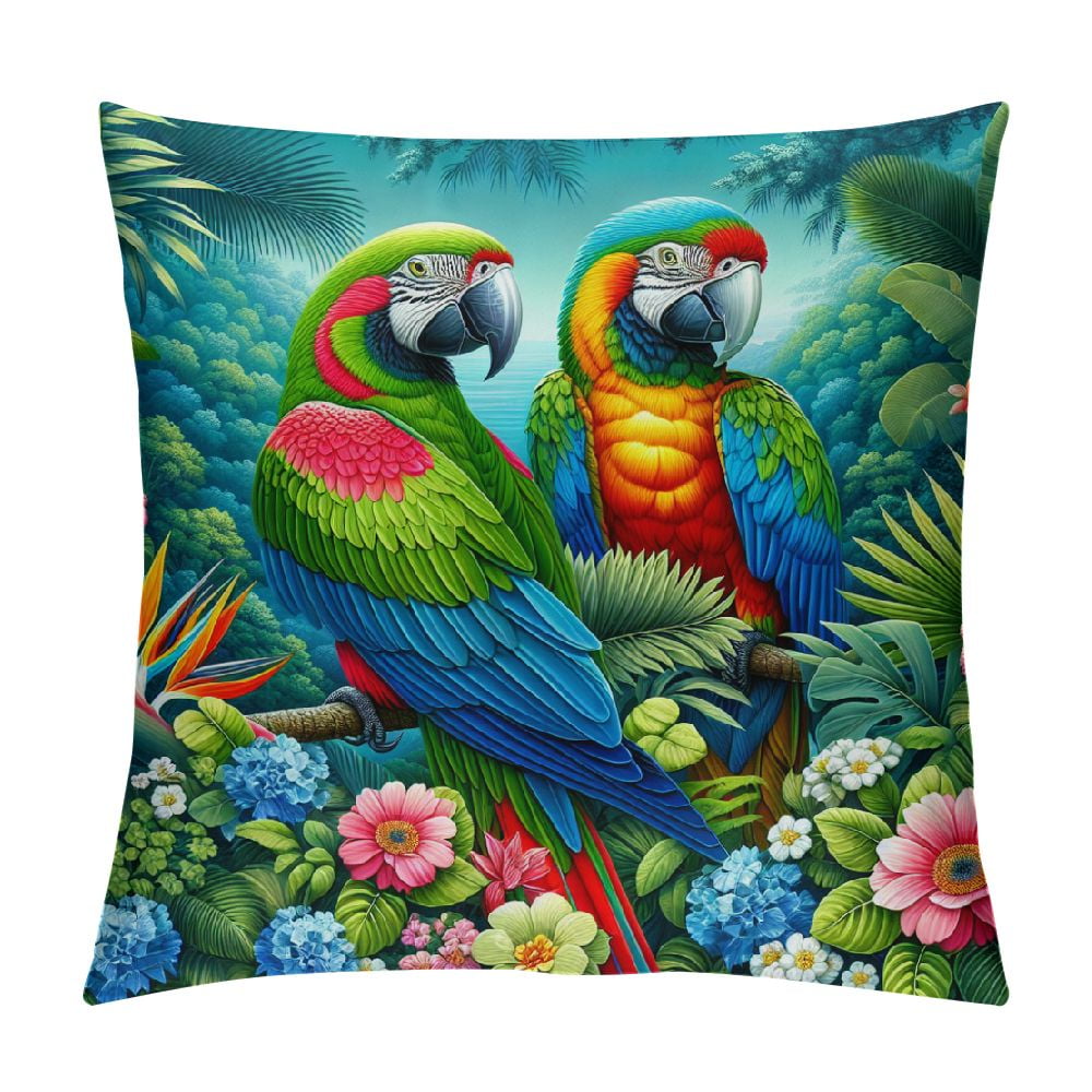 COMIO Tropical Birds Toucan Throw Pillow Covers Parrot Flowers Leaves ...