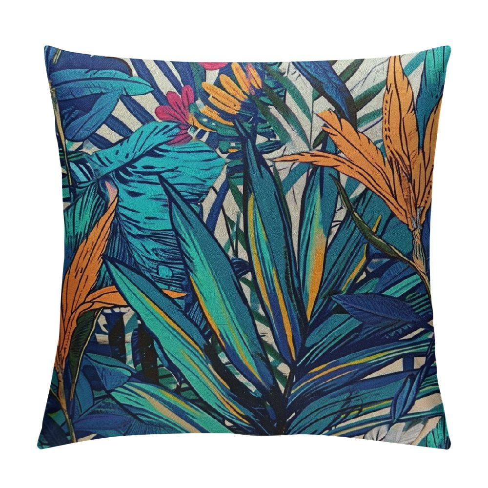 Comio Tropical Leaves Throw Pillow Cover Blue Leaves Palm Tree And