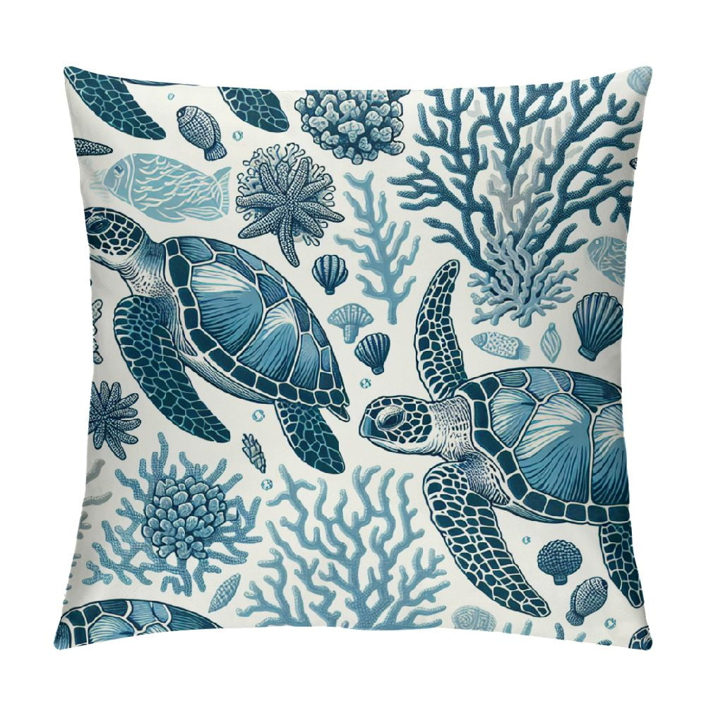COMIO Turtle Throw Pillow Cover, White Blue Hawaiian Turtle Pillow ...