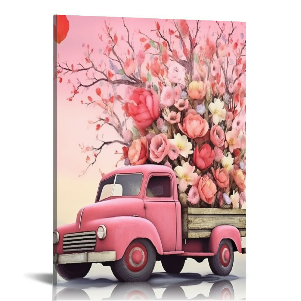 COMIO Valentines Canvas Wall Art for Living Room Pink Red Truck Rose ...