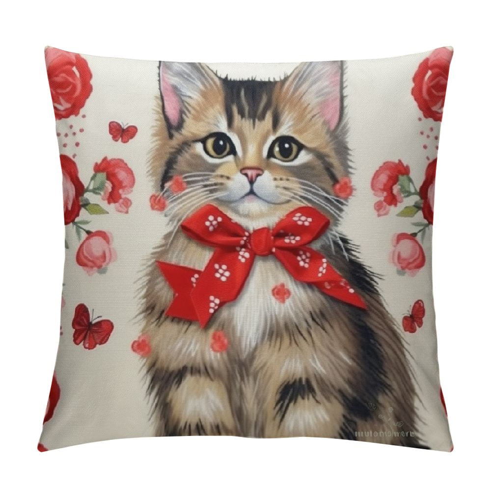 COMIO Valentines Day Pillow Cover Cat Red Hearts I Meow You Decor ...