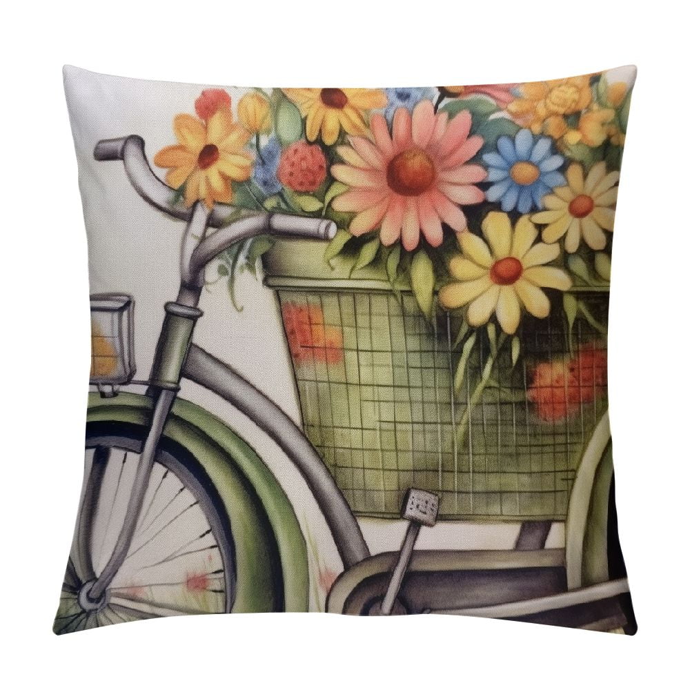 COMIO Vintage Bicycle Flower Pillow Cases Cushion Cover Oil Painting ...