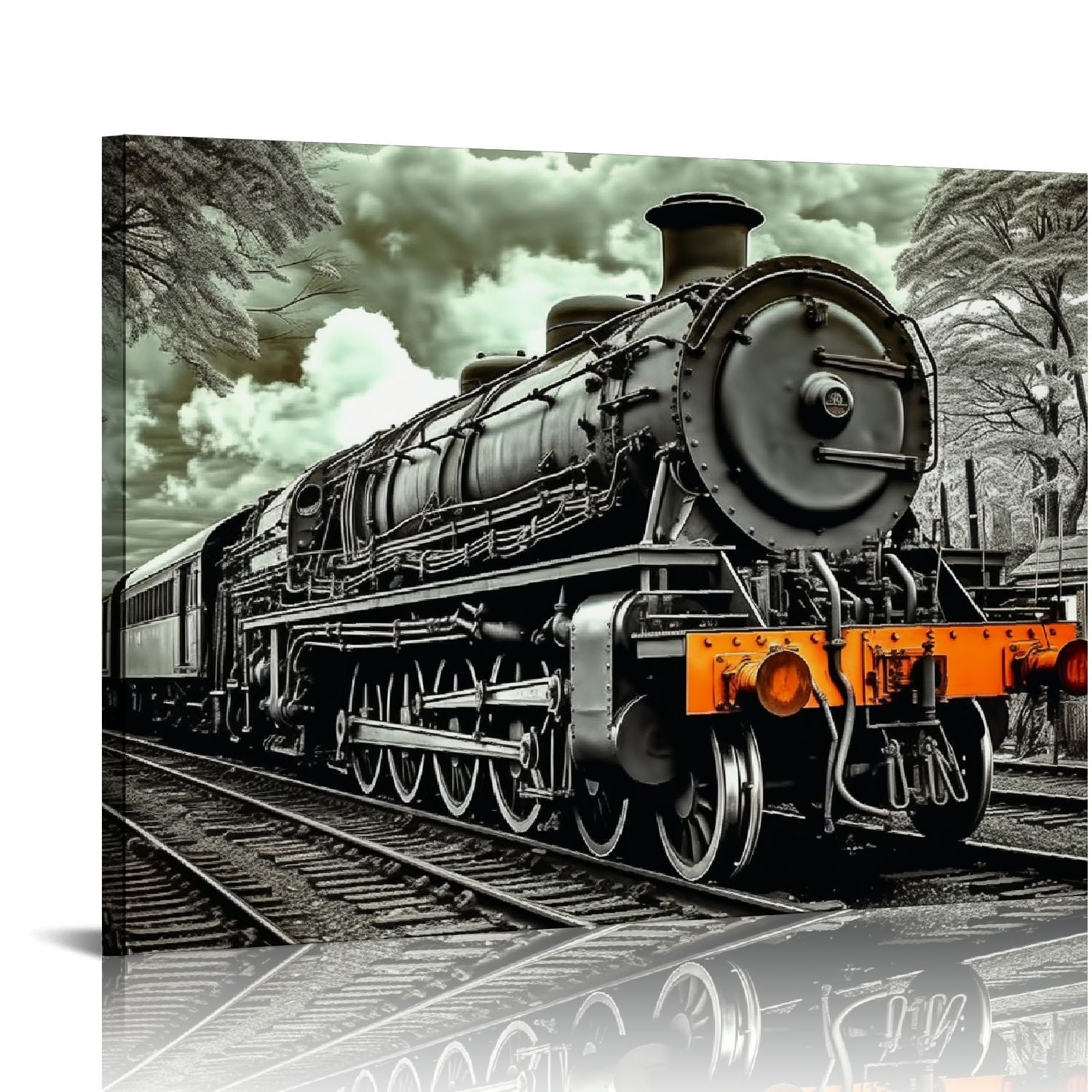 COMIO Vintage Black and Orange Steam Train Locomotive Canvas Wall Art ...