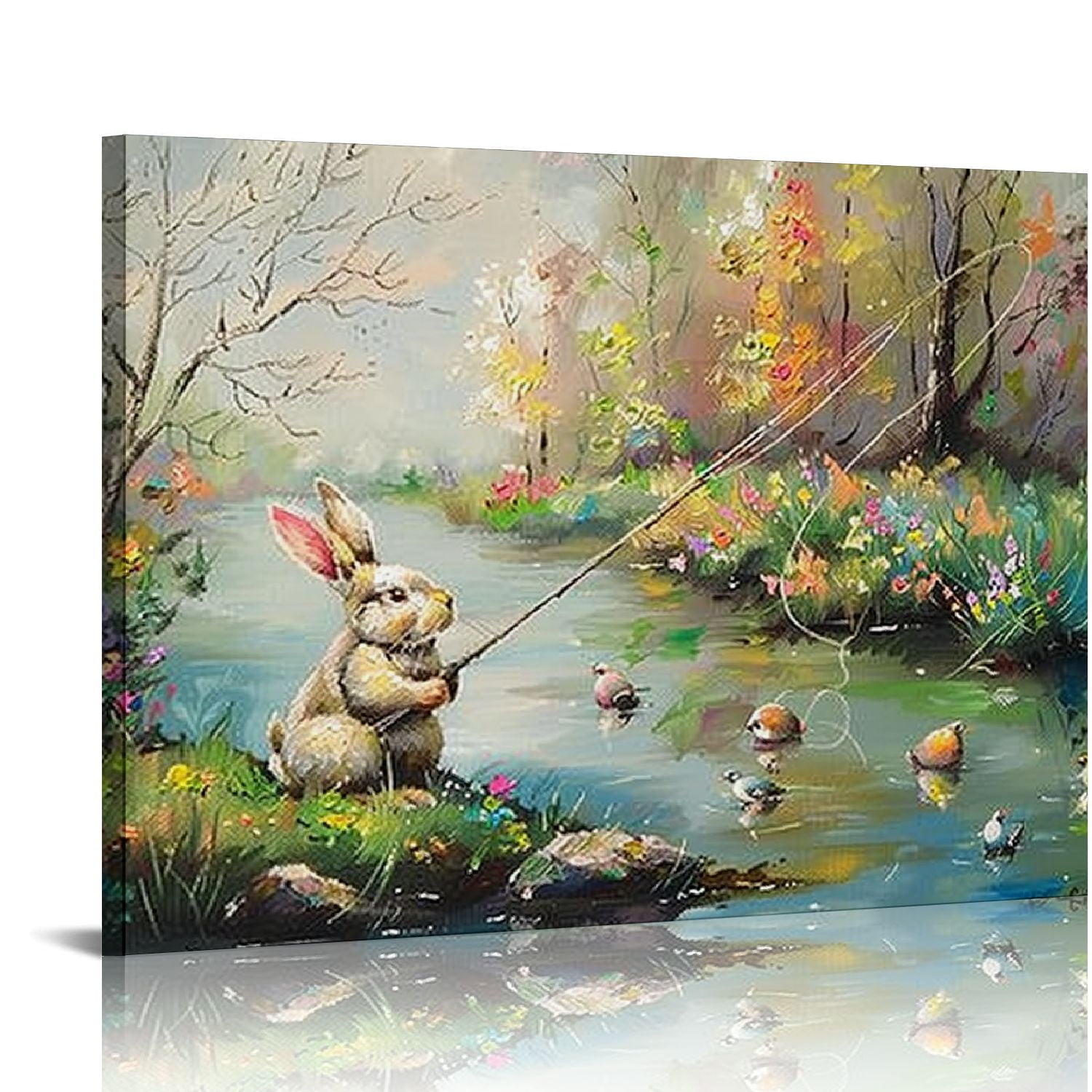 COMIO Vintage Easter Canvas Wall Art, Easter Bunny is Fishing Pictures ...