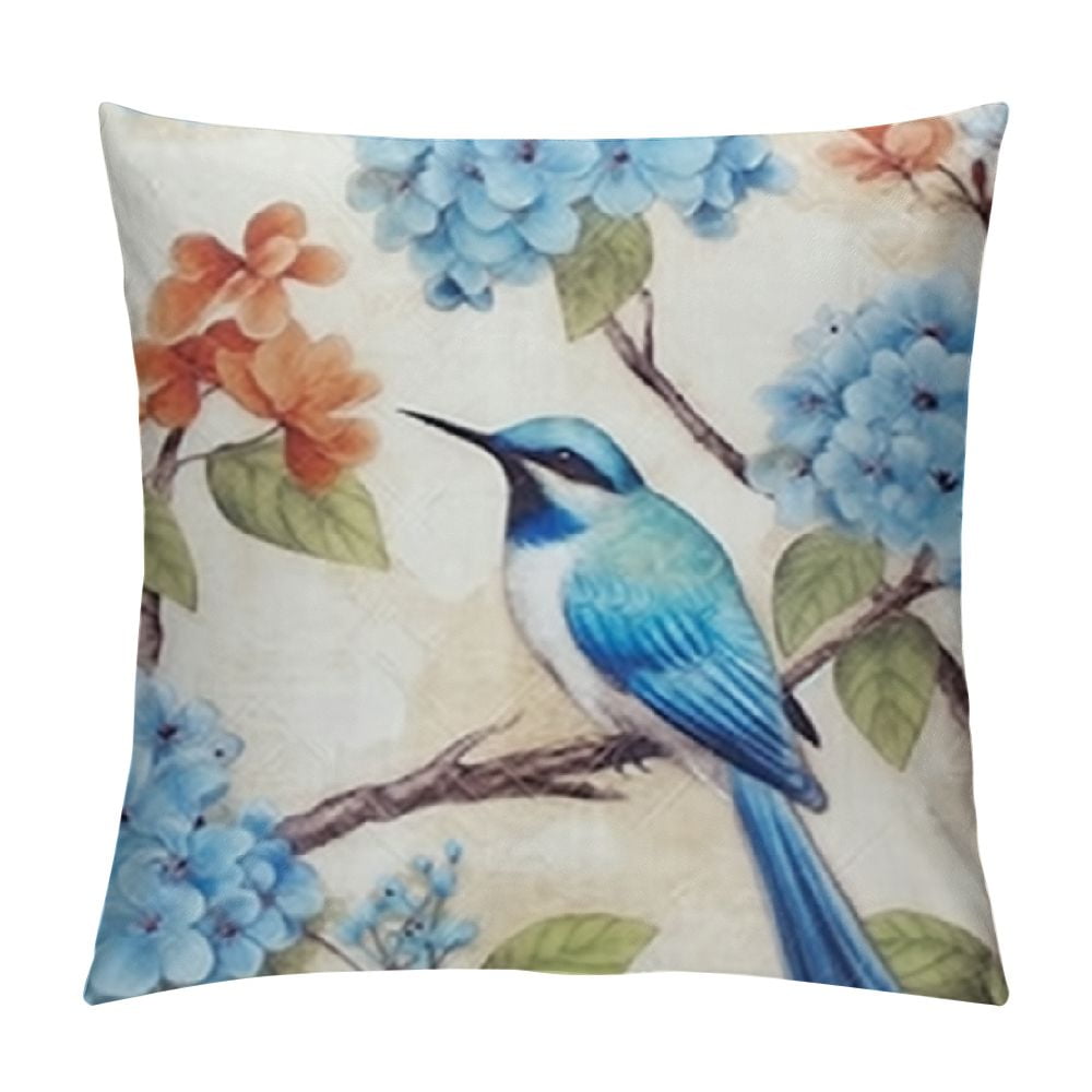 MLJA Vintage Floral Pillow Covers Blue Hydrangeas and Hummingbirds ...