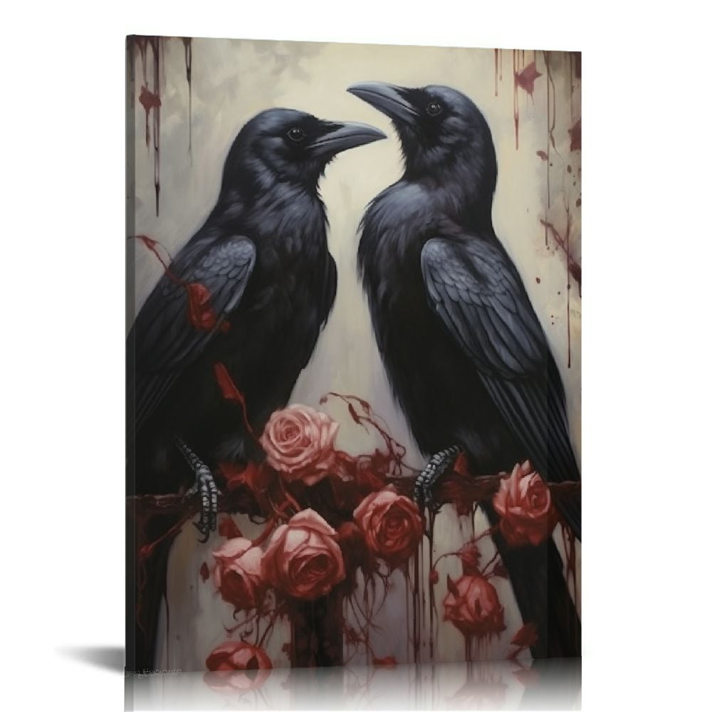 COMIO Vintage Gothic Canvas Wall Art Raven Couple Art Vintage Floral ...