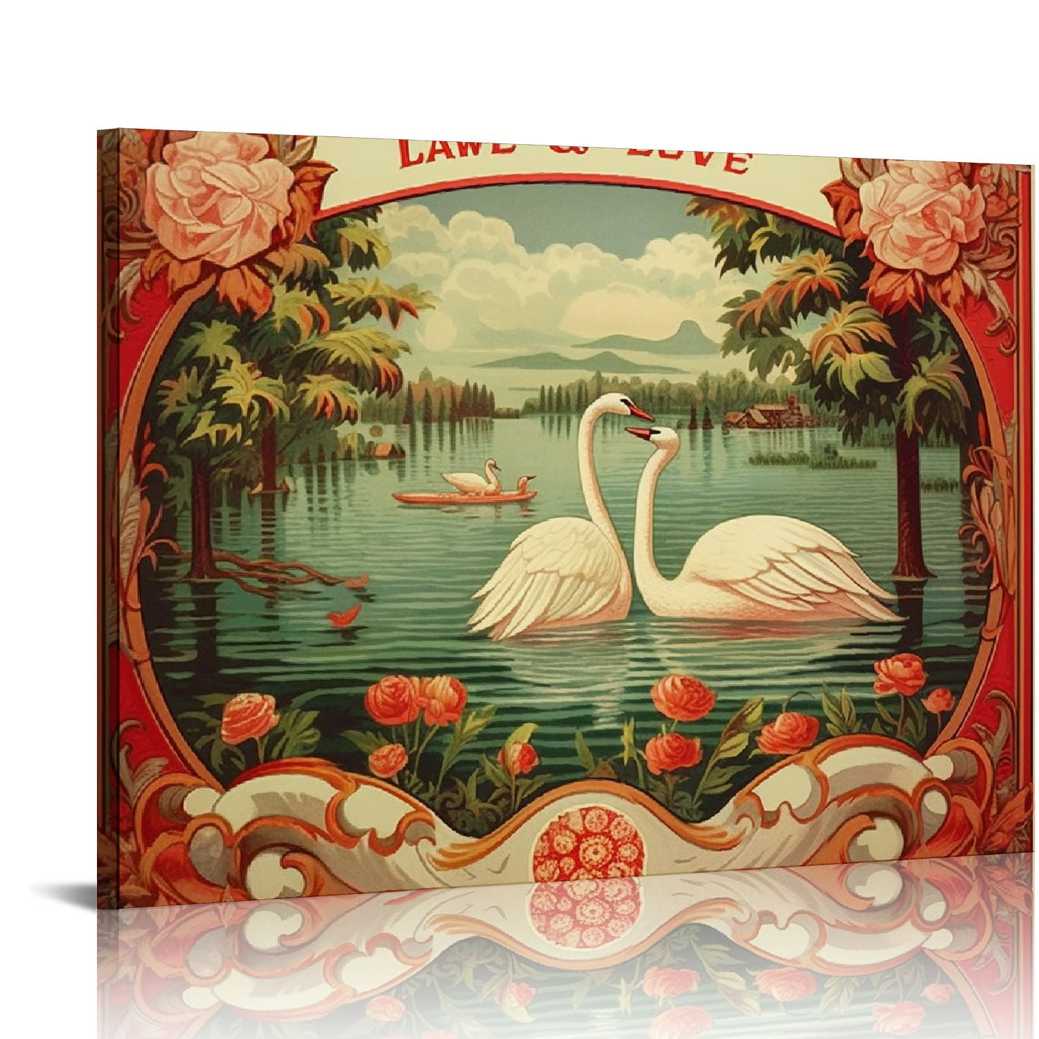 COMIO Vintage Lake View Poster - Retro Swan Print - Flower Art - Gift for Men, Women & Animal ...