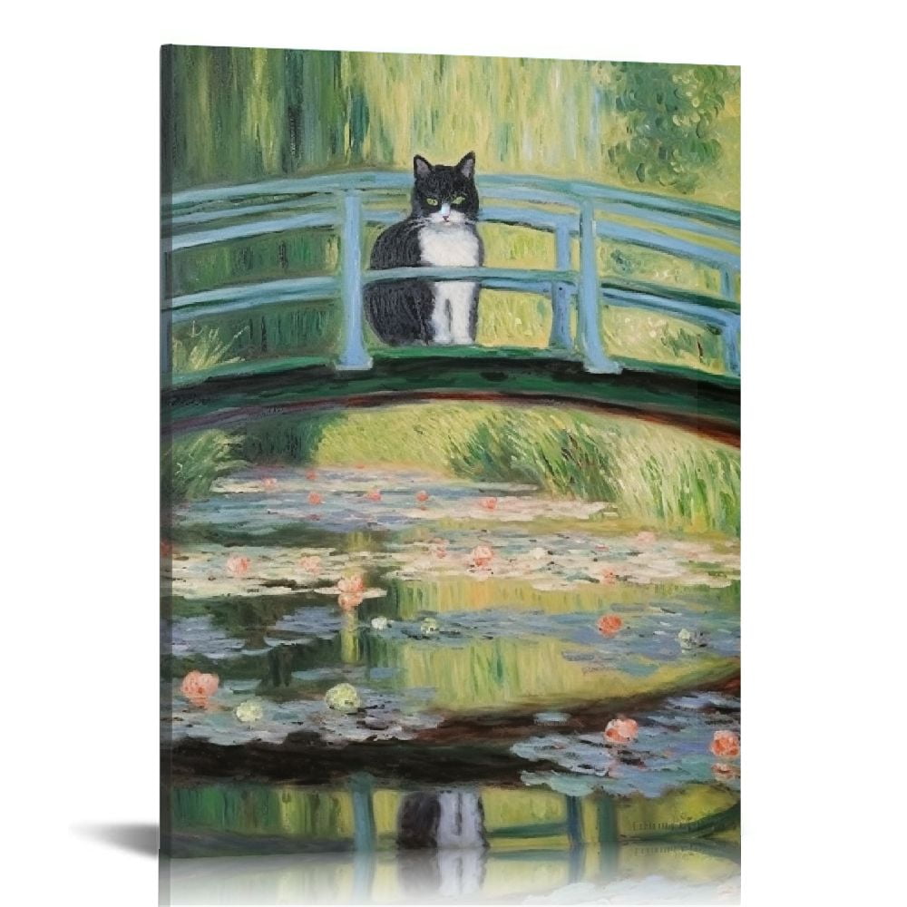 COMIO Vintage Monet Cat Poster Funny Black Cat Bridge of Waterlilies ...