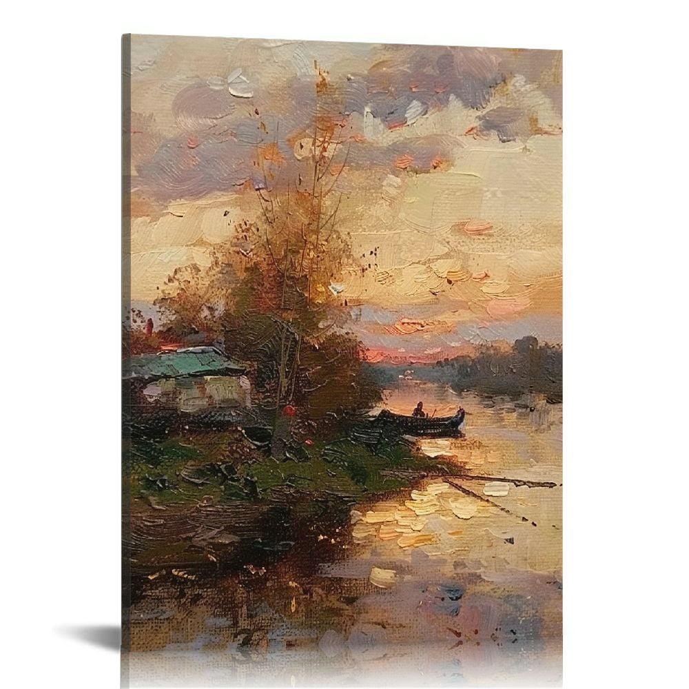 COMIO Vintage Wall Art, Rustic Sunset River Retro Painting, Framed Art ...