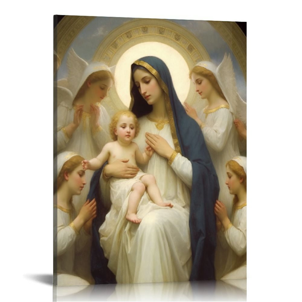 COMIO Virgin Mary Framed Canvas Wall Art Christ Jesus in Heaven Angel ...
