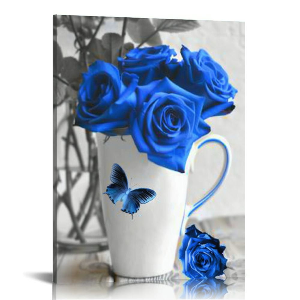 COMIO Wall Art Canvas Blue Rose Painting Flower Wall Art Pictures For ...