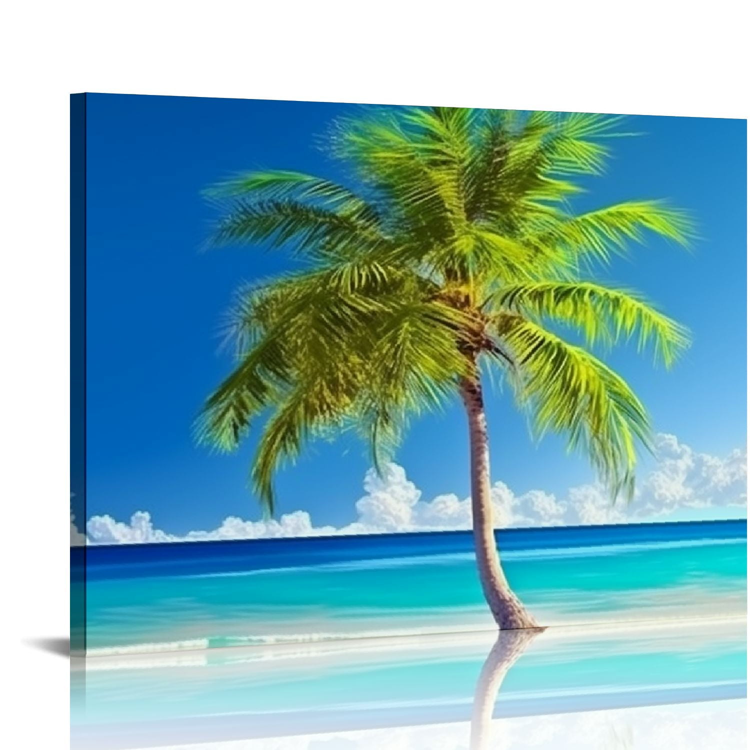 COMIO Wall Art Canvas Painting Palms and Beach A Beach With Palm Trees on White Beaches and Blue ...