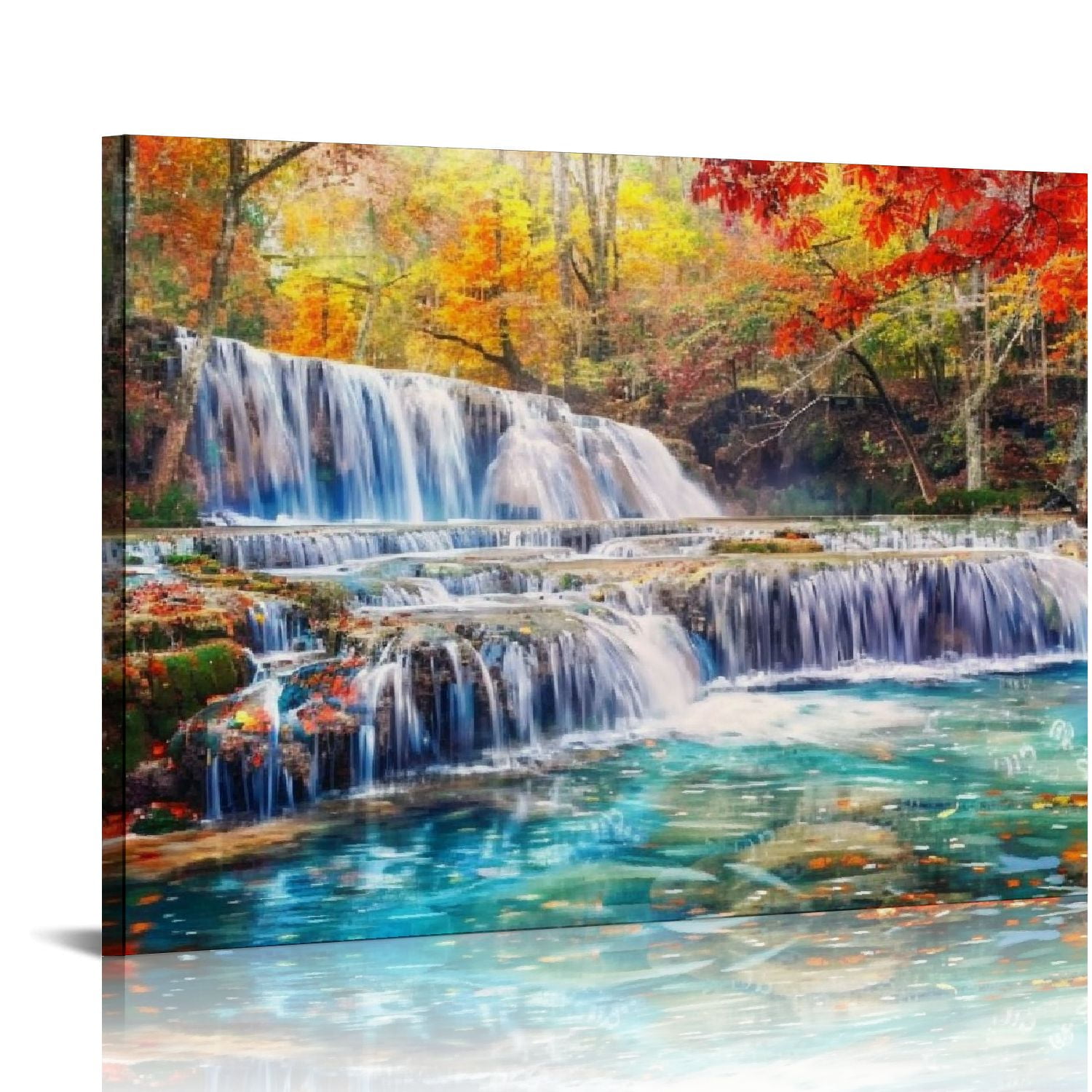 COMIO Wall Art Canvas Painting Red Forest Waterfalls Modern Landscape ...